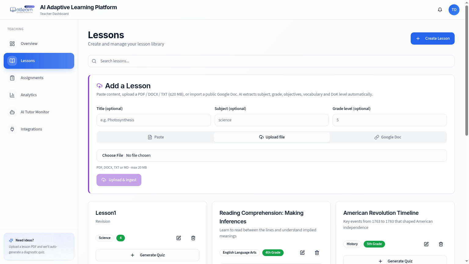 Atlearn AI Adaptive Learning — K-12 personalized platform